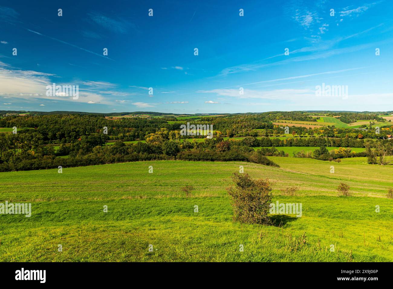 Early autumn rolling landscape with meadows and forests- view above ...