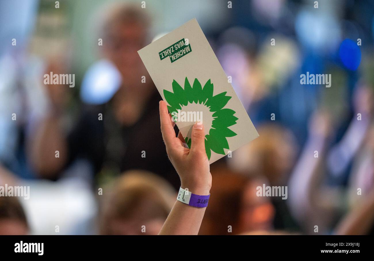 01 June 2024, Brandenburg, Potsdam: A delegate holds up her ballot ...