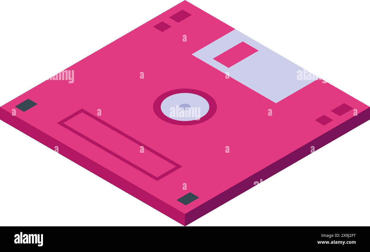 Isometric illustration of an iconic pink floppy disk, symbolizing retro ...