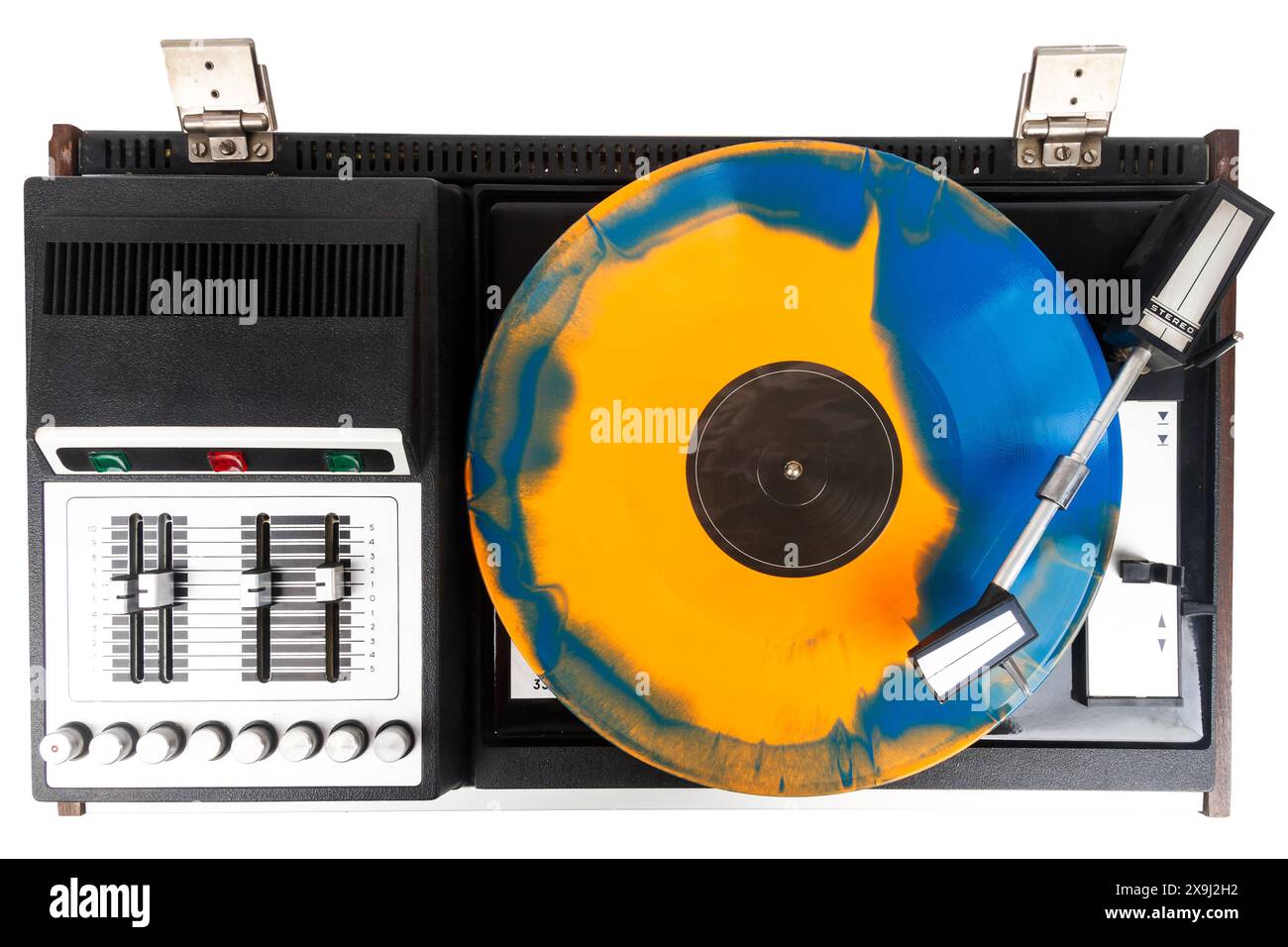 Vintage turntable record player with blue and orange vinyl isolated on ...