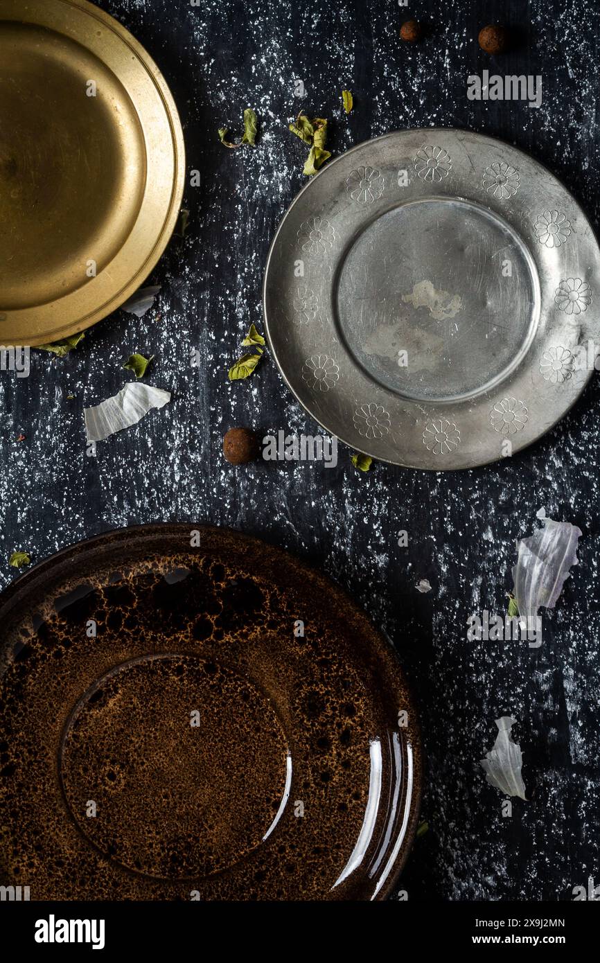 Small plates on blackboard texture. Food backdrop Stock Photo - Alamy