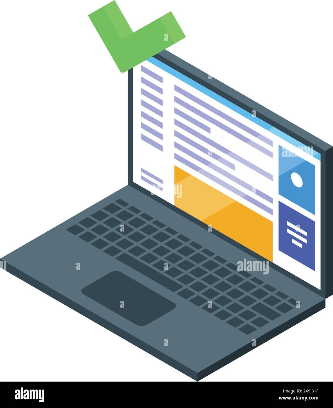 Isometric illustration of a laptop with a vibrant screen displaying a ...