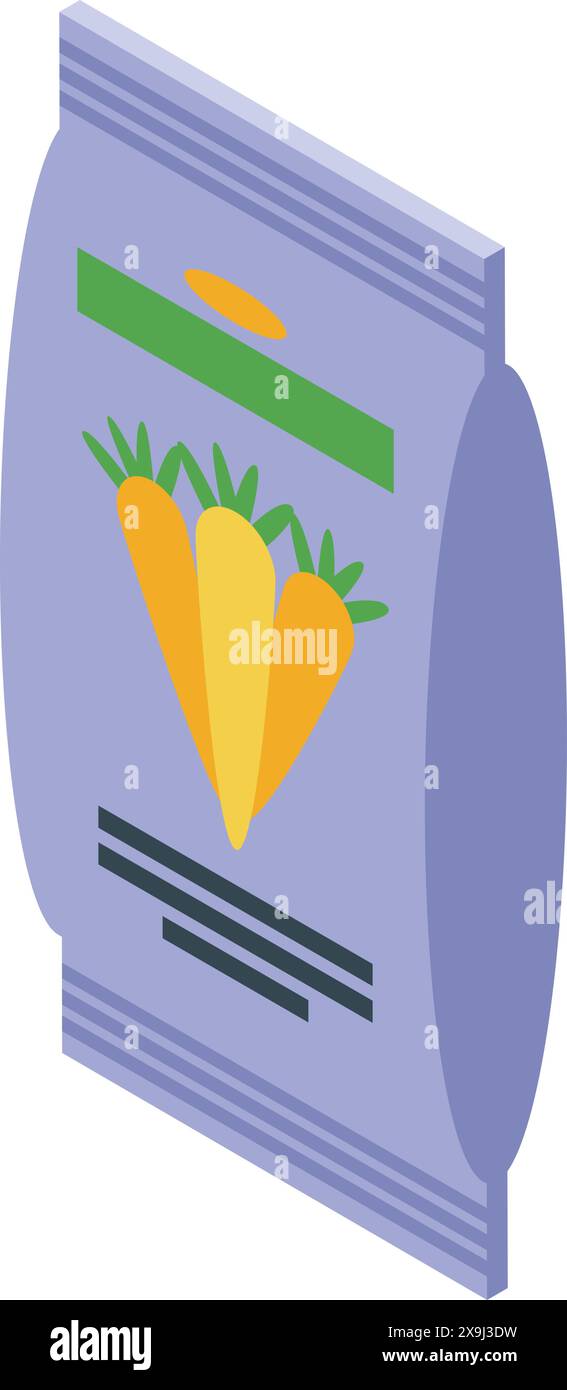 Colorful digital illustration of an isometric carrot seed packet ...