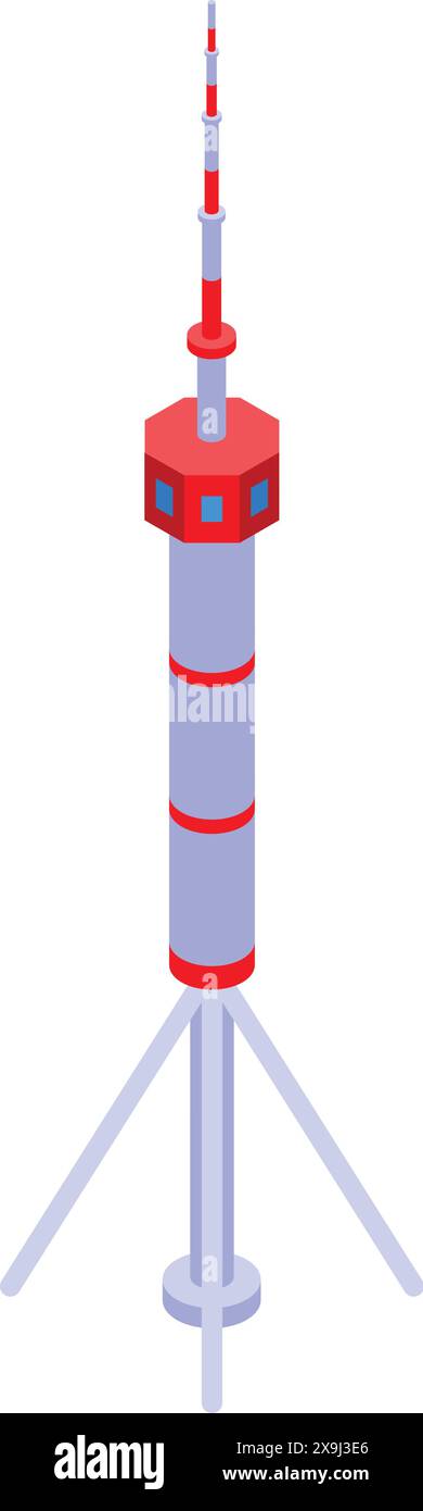 Modern isometric vector illustration of red and white radio tower with antenna for broadcast and ...