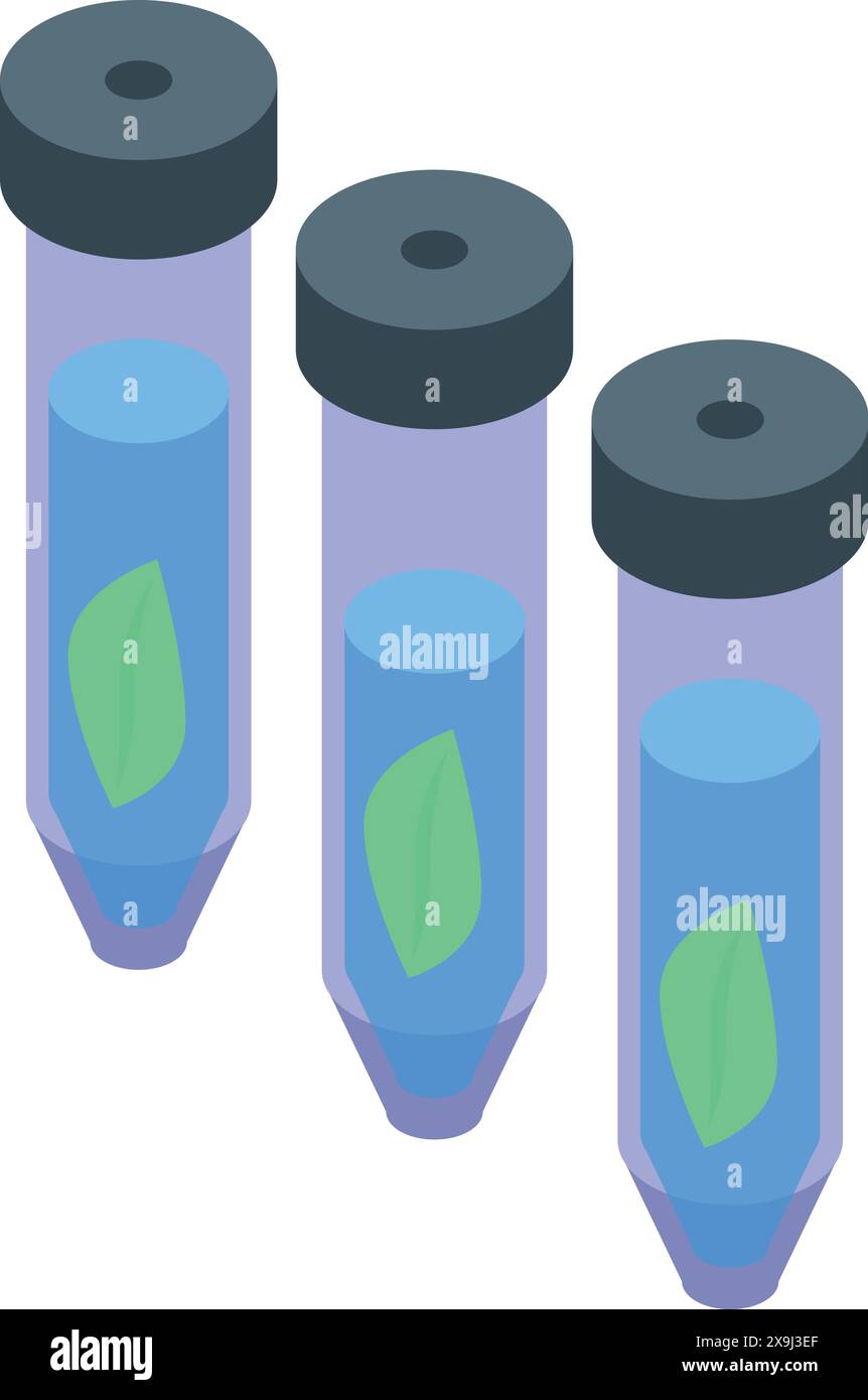 Three isometric test tubes containing blue liquid and green leaves ...