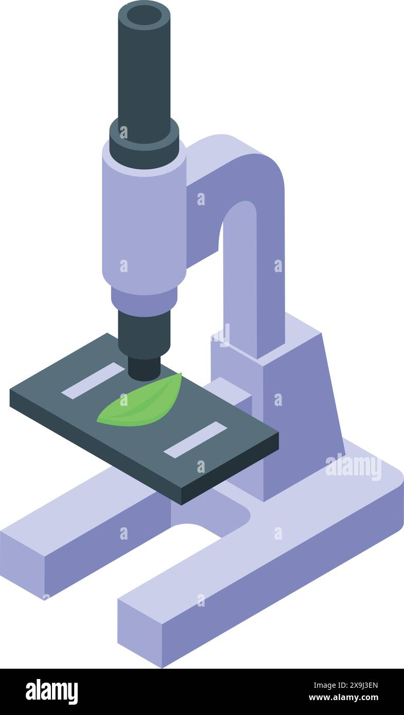 Digital illustration of an isometric microscope analyzing a green ...