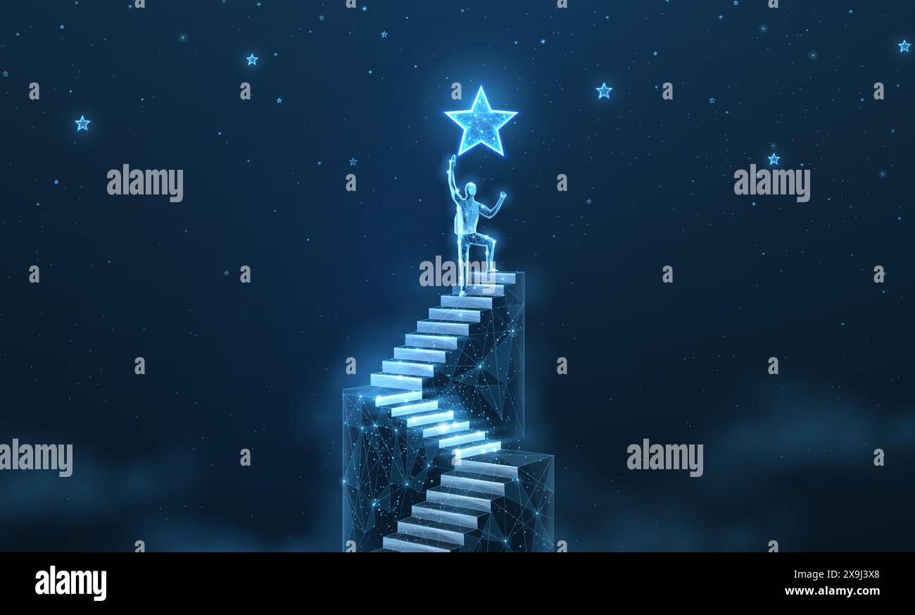 Man on the top of stair reach star. Achieve dream, Career growth, Reach ...