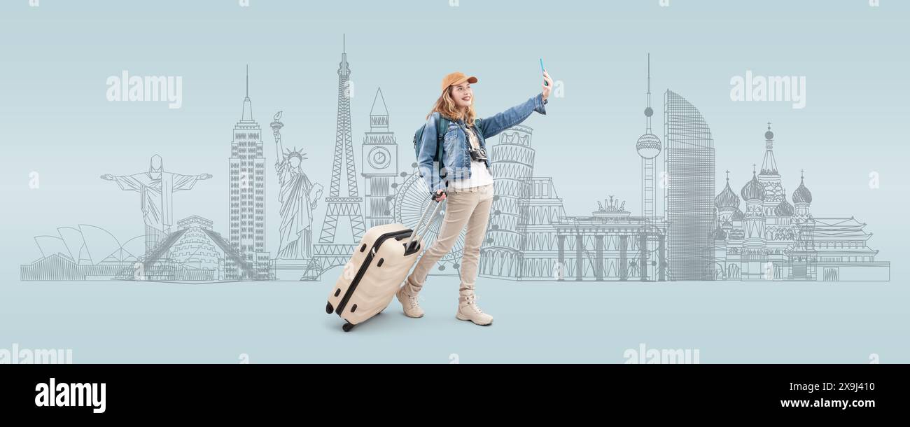 Happy young smiling woman tourist traveling with trolley suitcase and ...