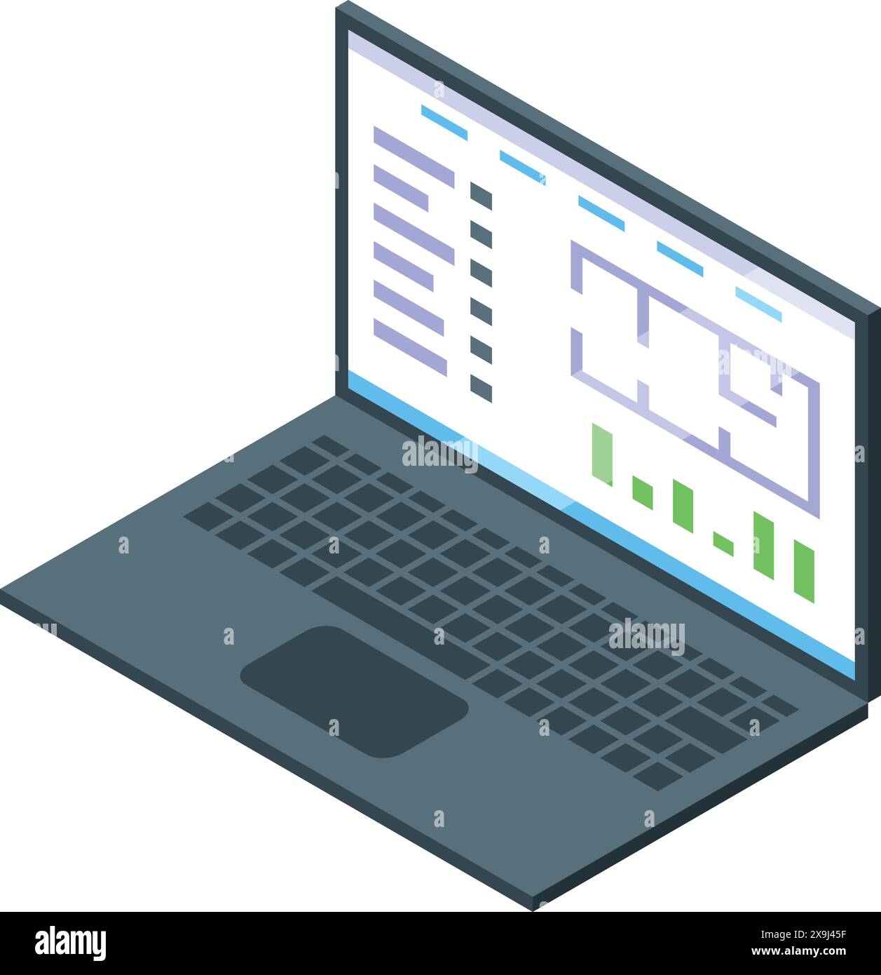 3d isometric illustration of open laptop showing graphs and data ...
