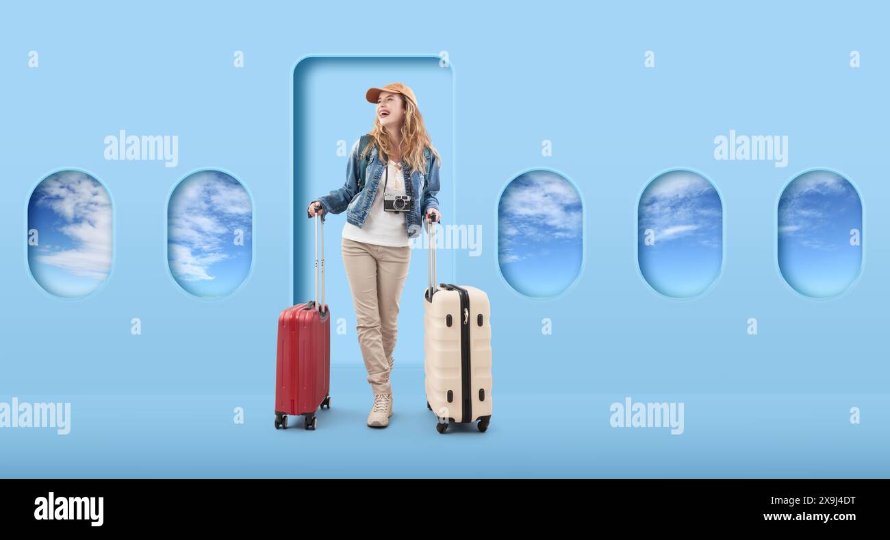 Happy young woman tourist smiling, traveling with a trolley suitcase ...