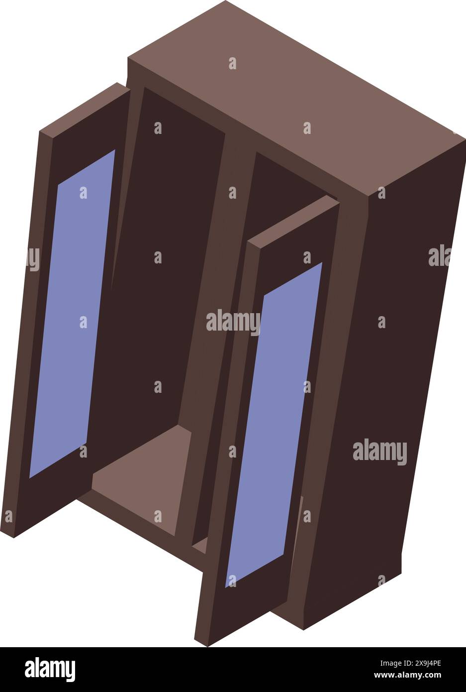 3d illustration of an isometric view of open brown wooden window frames ...