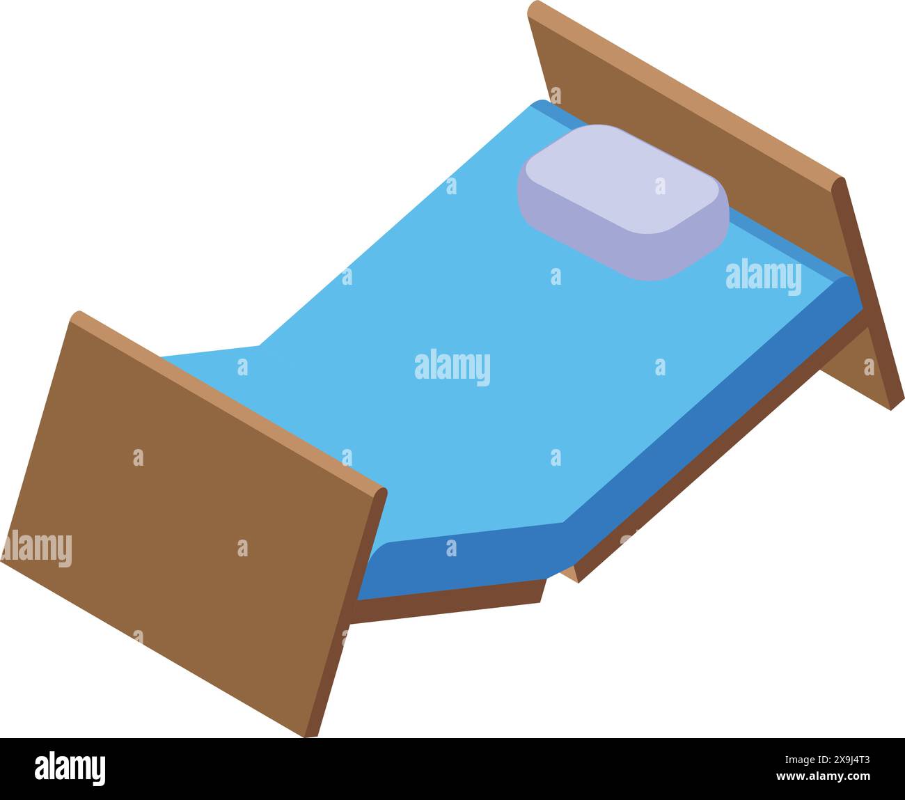 Isometric vector illustration of a cartoon wooden single bed with blue ...