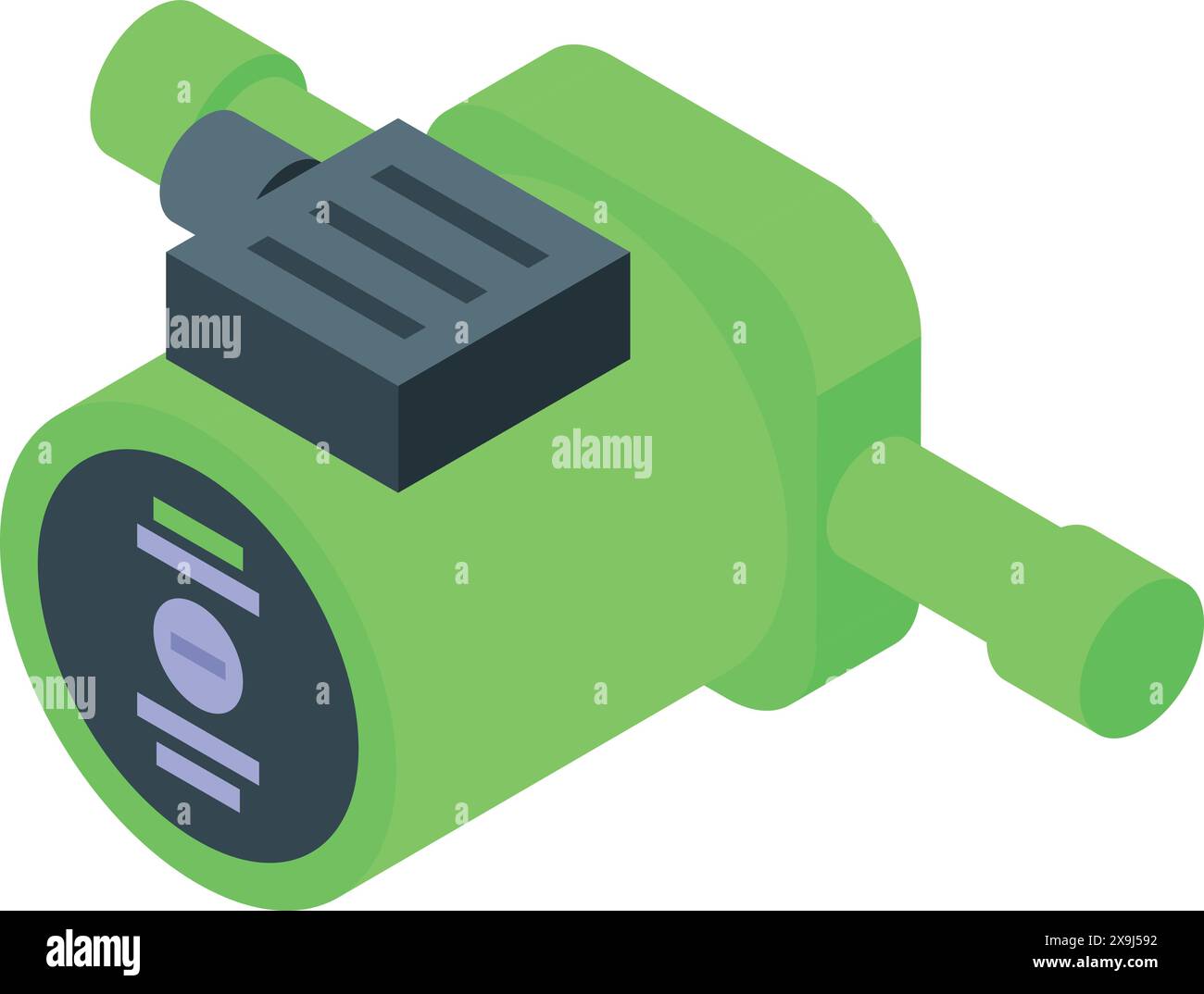 Detailed isometric illustration of a green electric motor icon on a ...