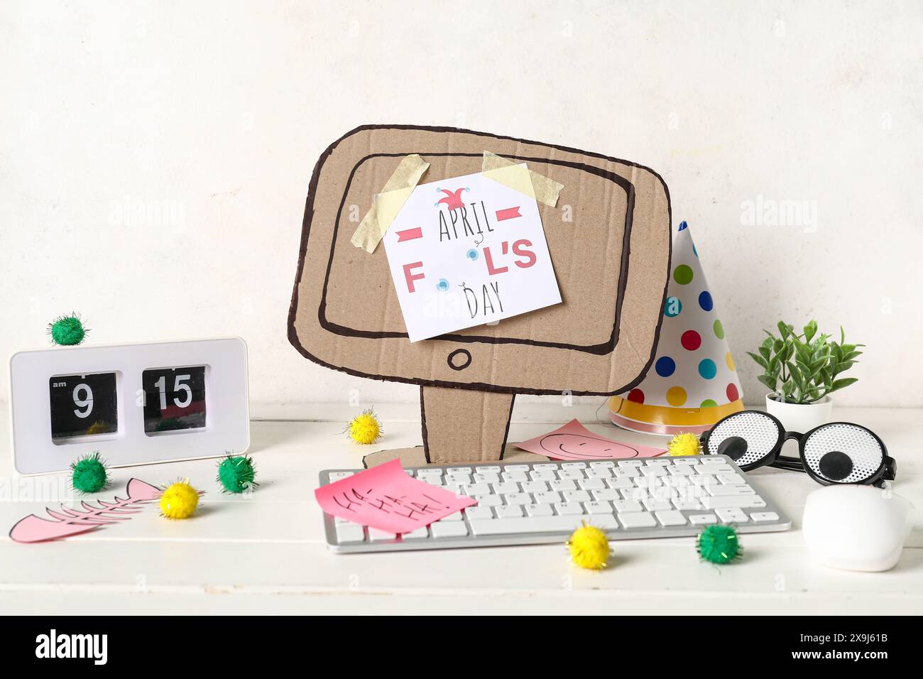 Carton computer screen, keyboard and sticky notes on white background ...