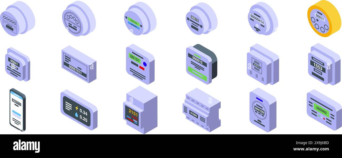 Household meters icons isometric set vector. A collection of electronic ...
