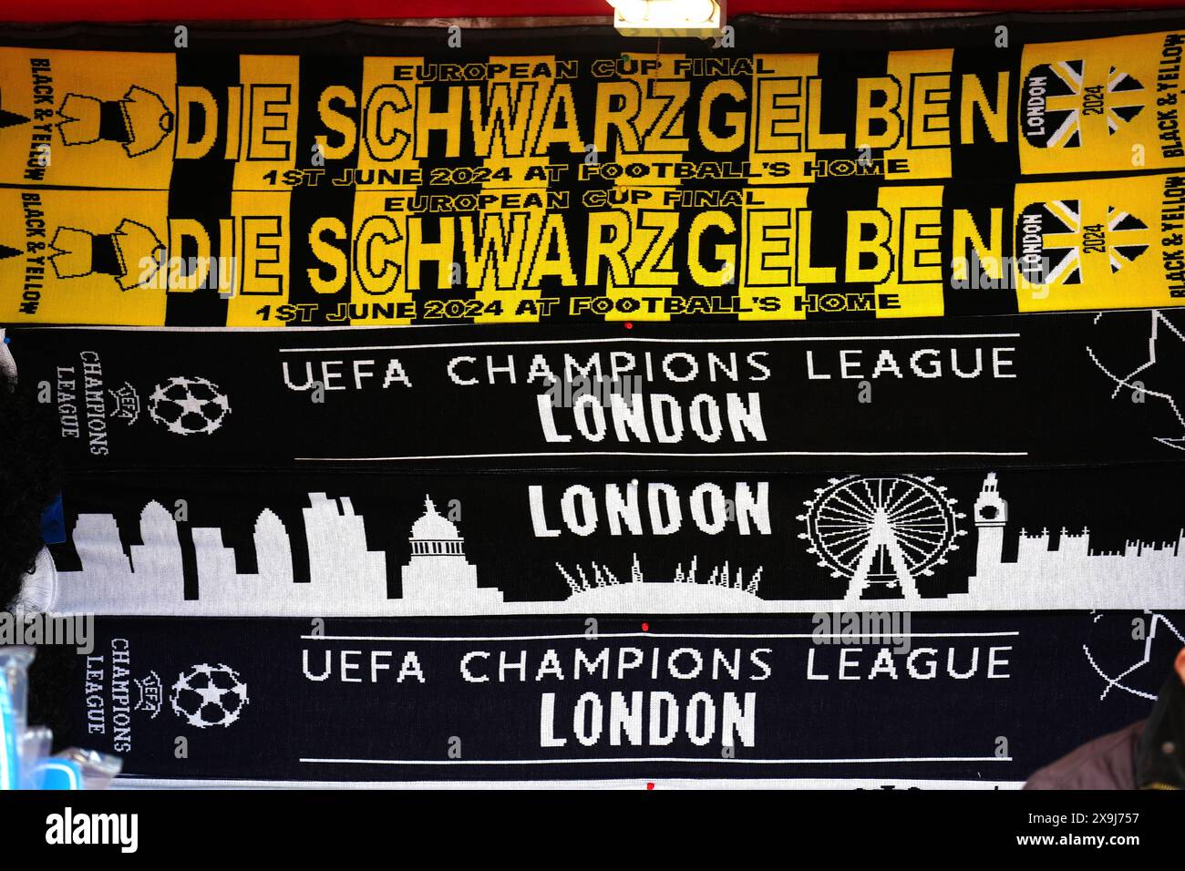 A general view of Borussia Dortmund and Real Madrid scarves being sold ...