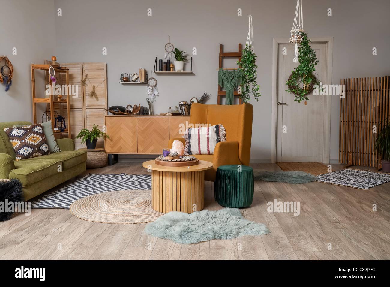 Interior of witch's room with magic attributes, table and armchair ...