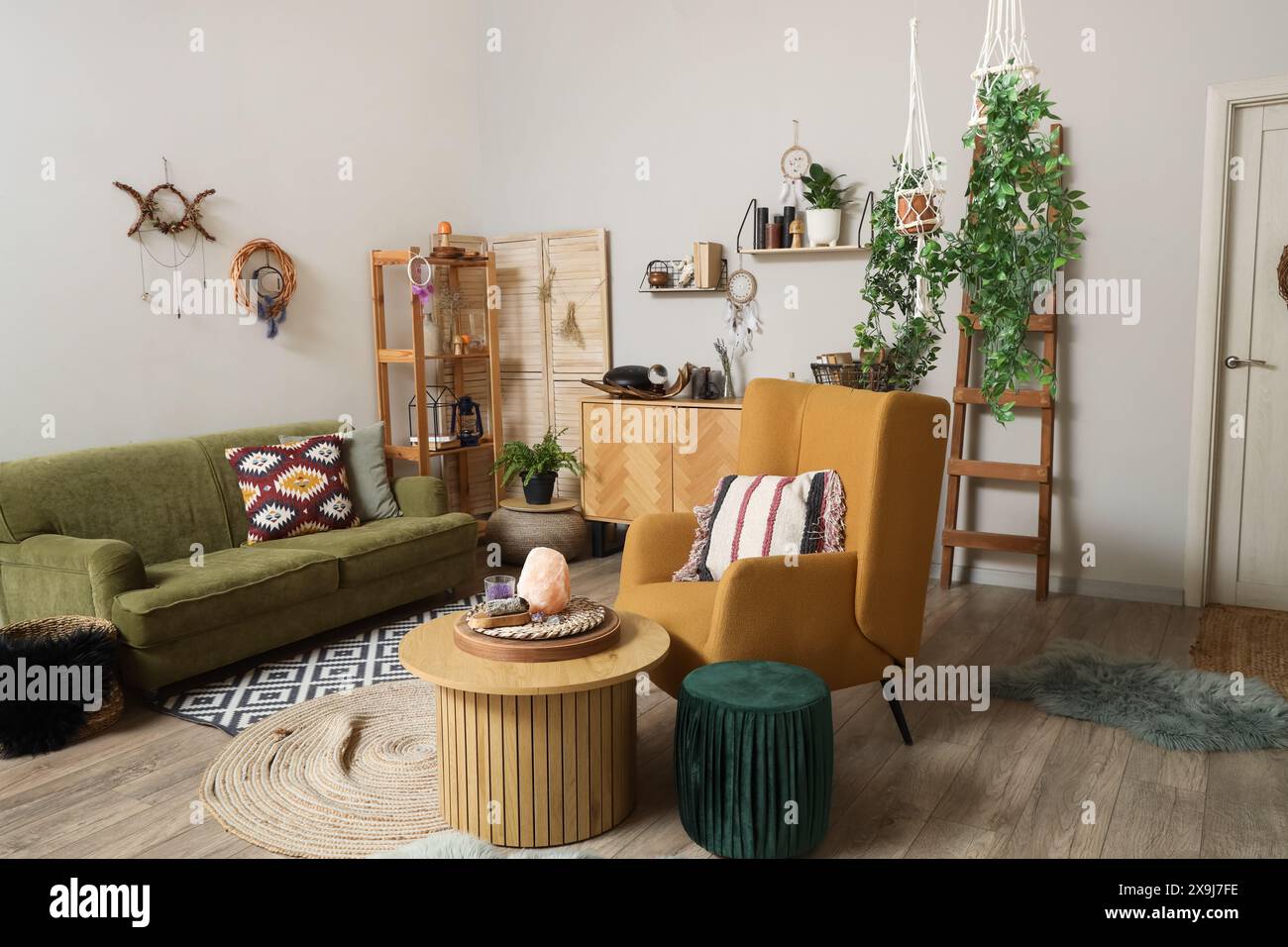 Interior of witch's room with magic attributes, armchair and sofa Stock ...