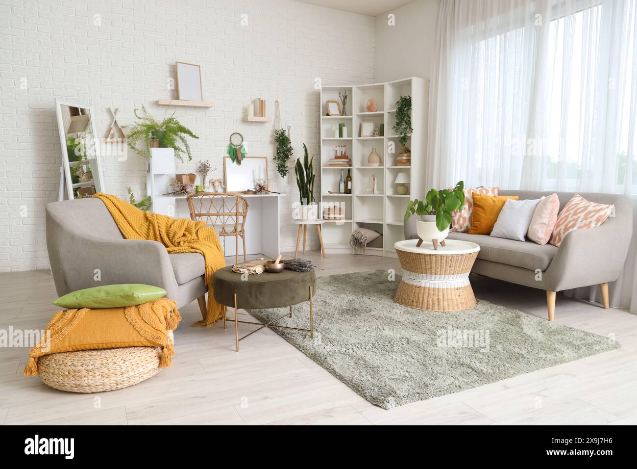 Interior of witch's room with magic attributes, sofa and armchair Stock ...