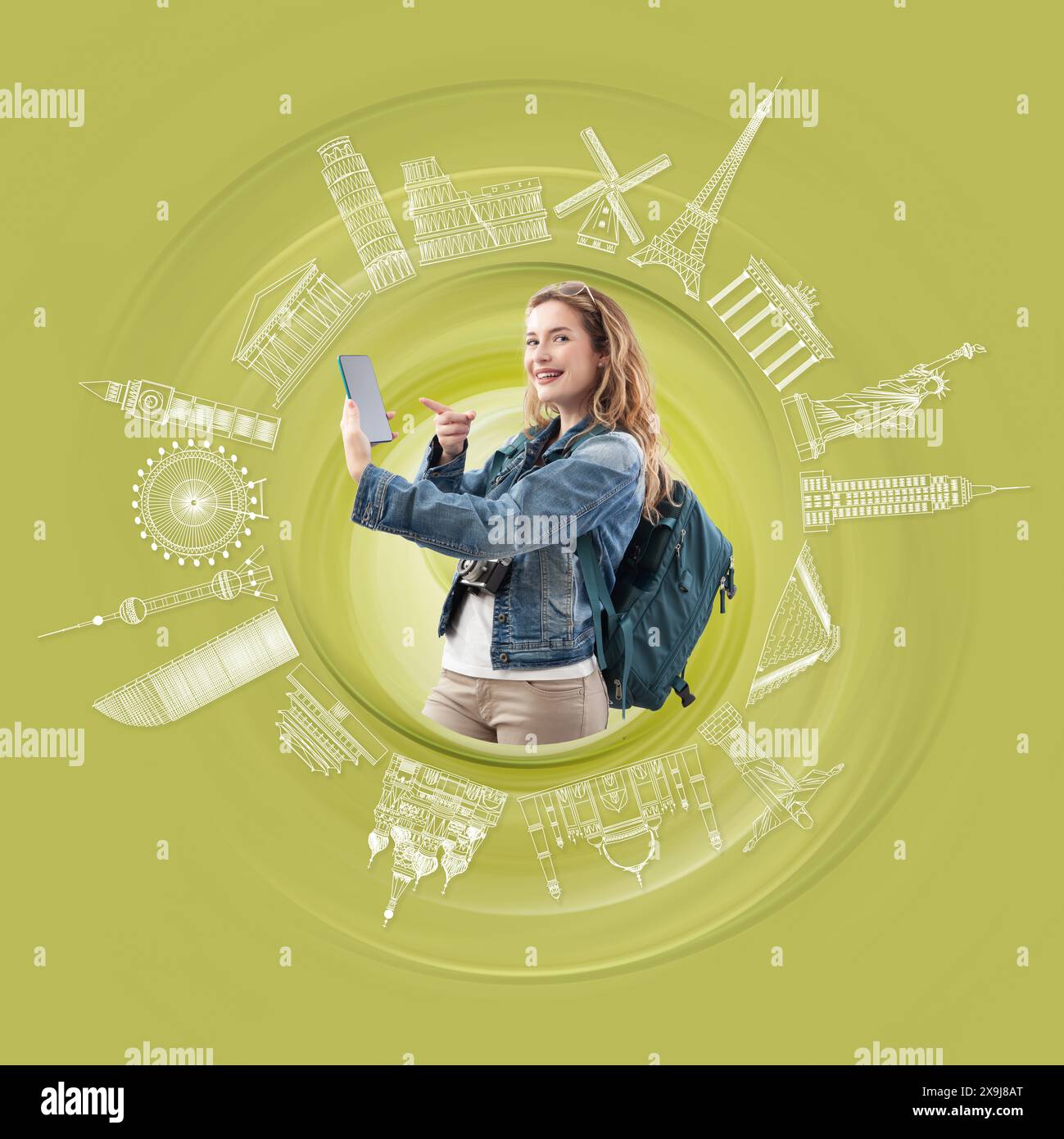 Happy young woman tourist traveling pointing finger on the smartphone ...