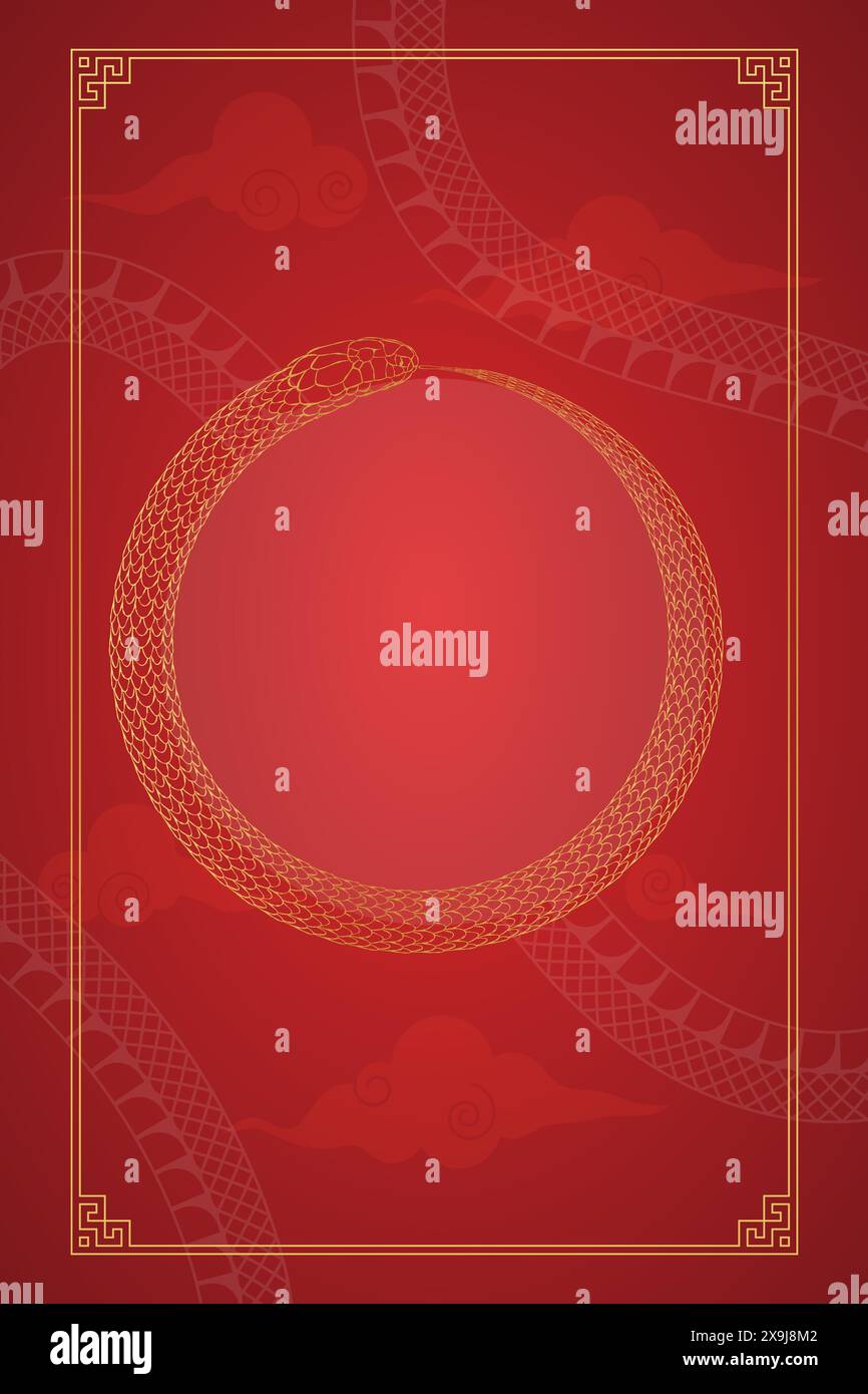 Chinese New Year, gold and red, round ouroboros template for greetings ...