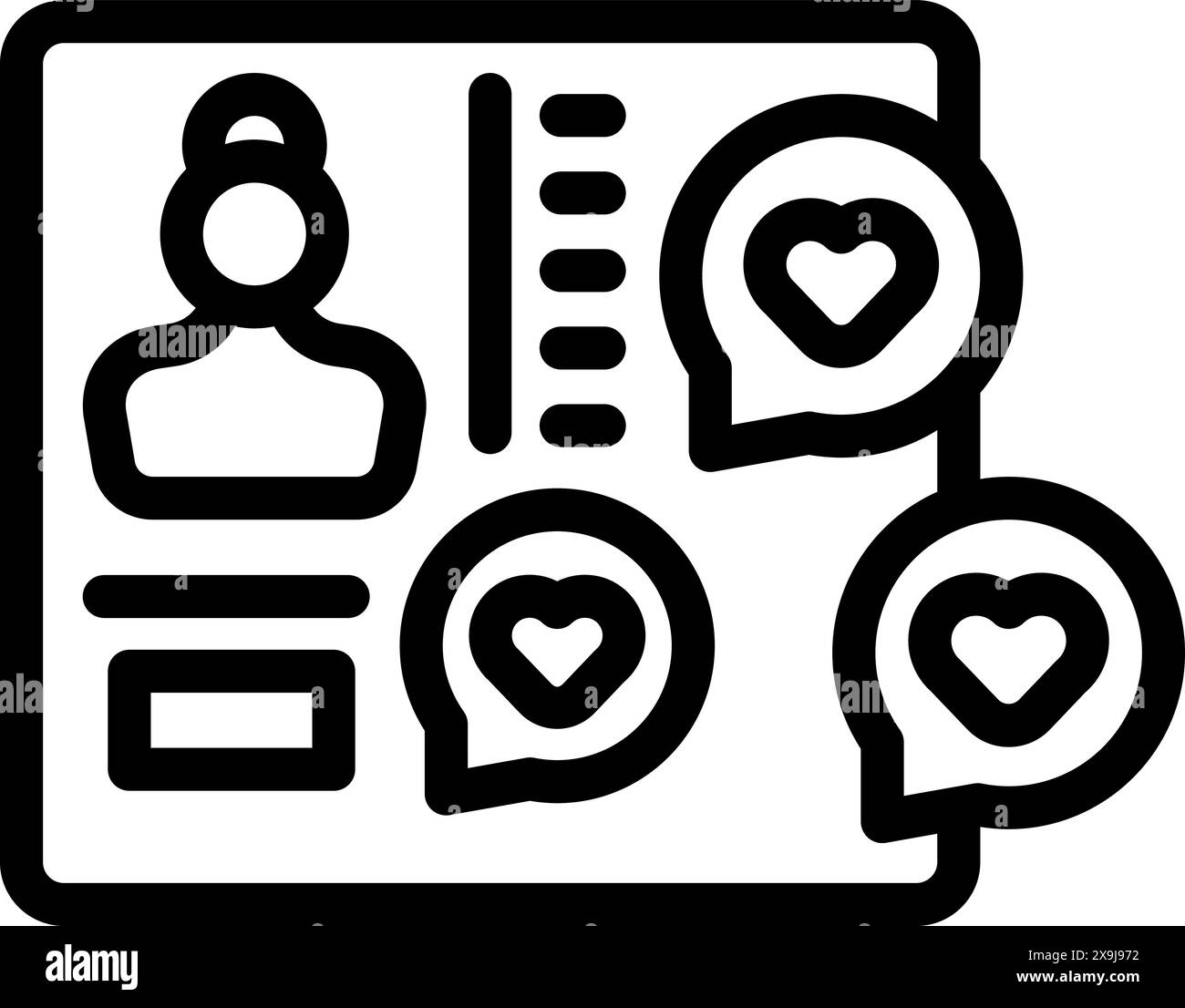 Line art icon depicting a social media profile page with user image and ...