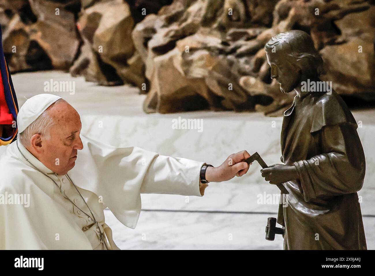 Vatican City, Vatican, 1 June, 2024. Pope Francis touches a statue of ...