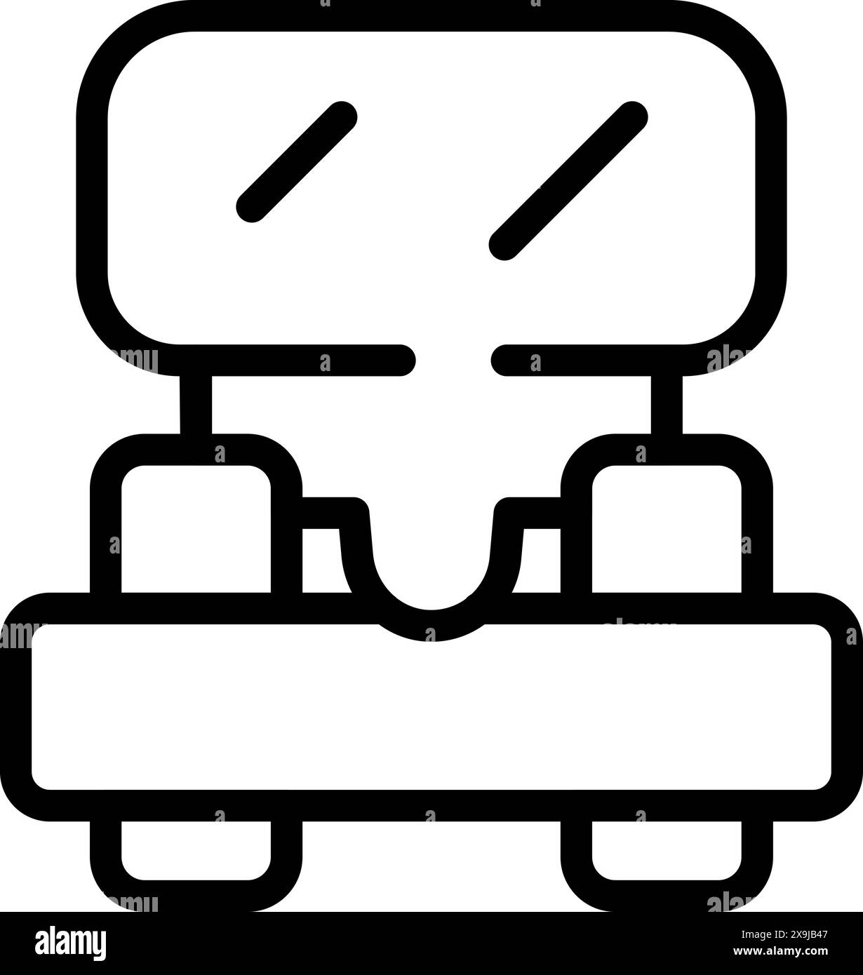 Simplistic line drawing illustration of a bus' front view in black and ...