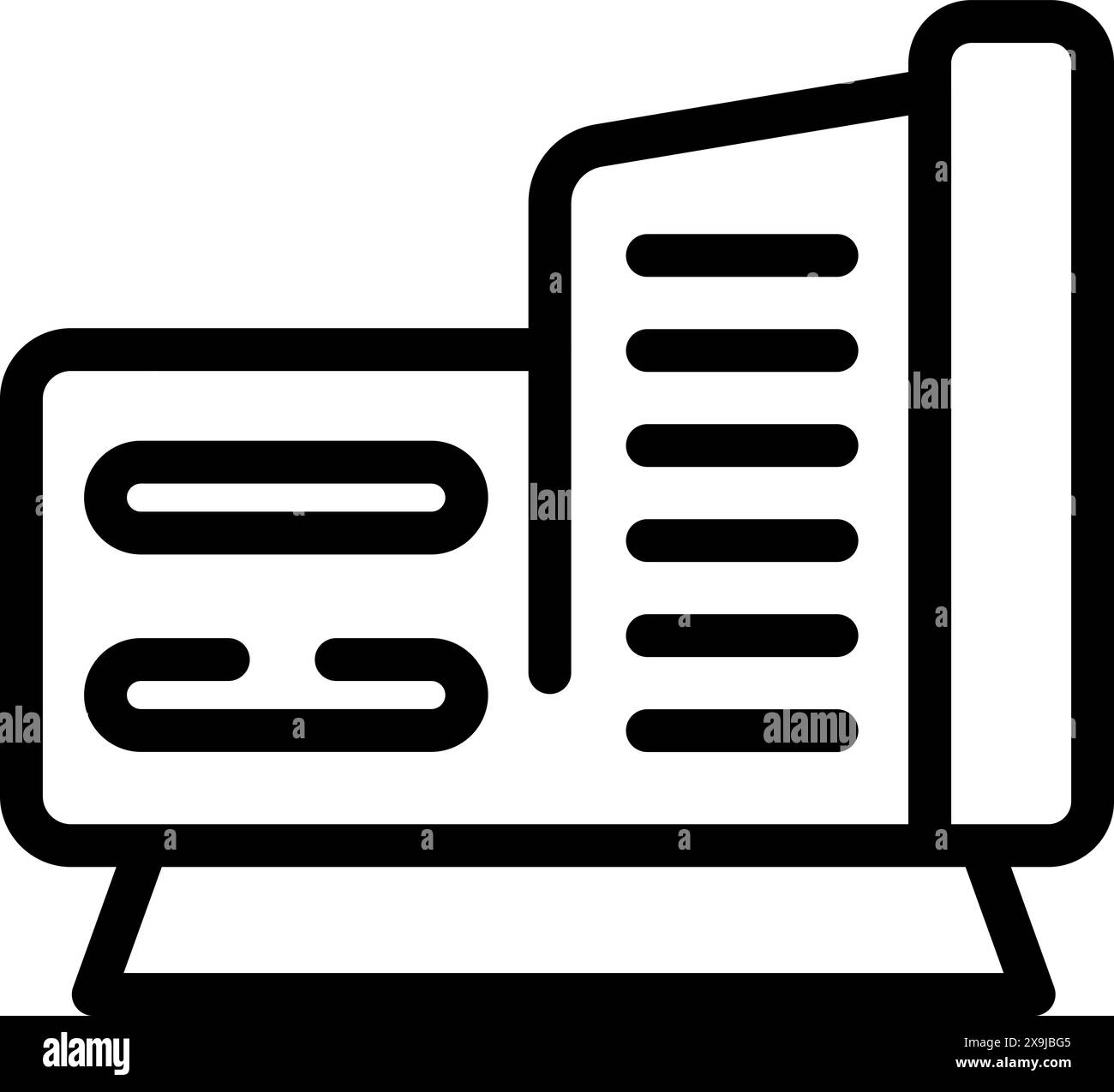 Black and white vector illustration of a stylized laptop with an open ...