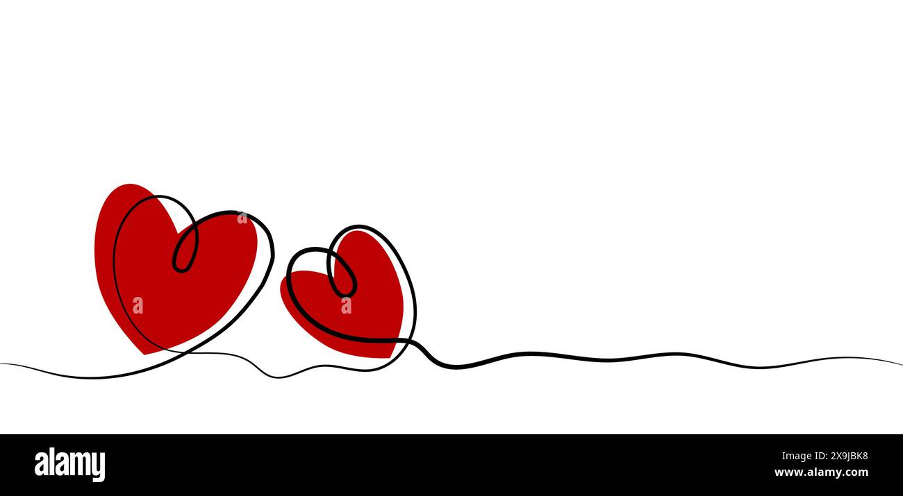 two intertwined red hearts connected by a flowing black line on a white ...