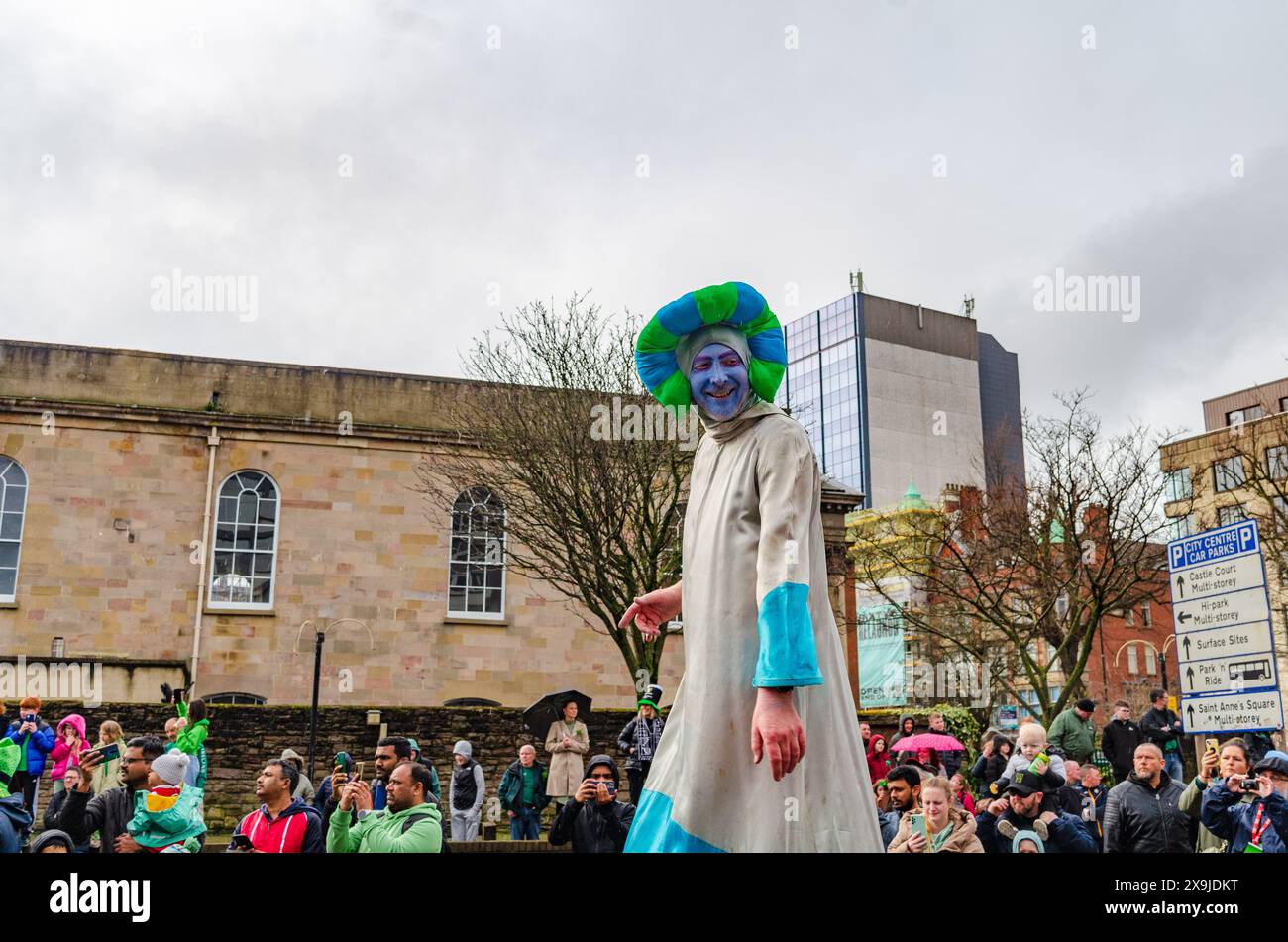 Belfast, County Antrim, Northern Ireland March 17 2024 - Man on stilts ...