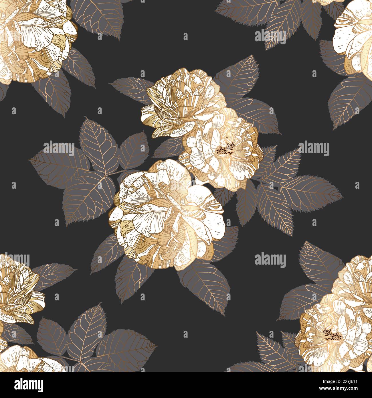 Seamless Luxury Half Drop Pattern with White and Gold Roses and Grey Leaves on Black. Great for ...