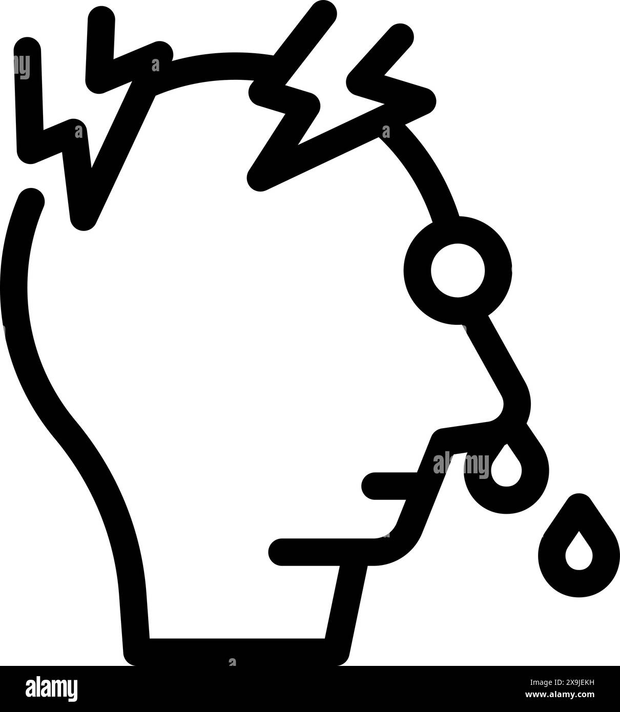 A linear icon illustrating a head with stress lines and sweat drops ...