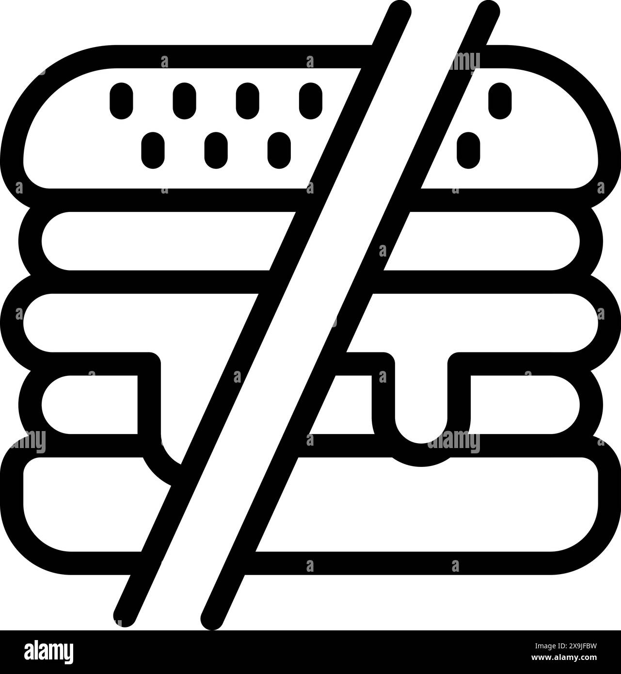 Black and white icon depicting a crossedout burger, symbolizing no fast ...