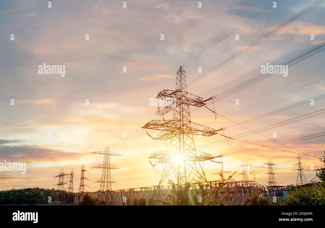 High voltage electric tower line pylon for distribution of electricity ...