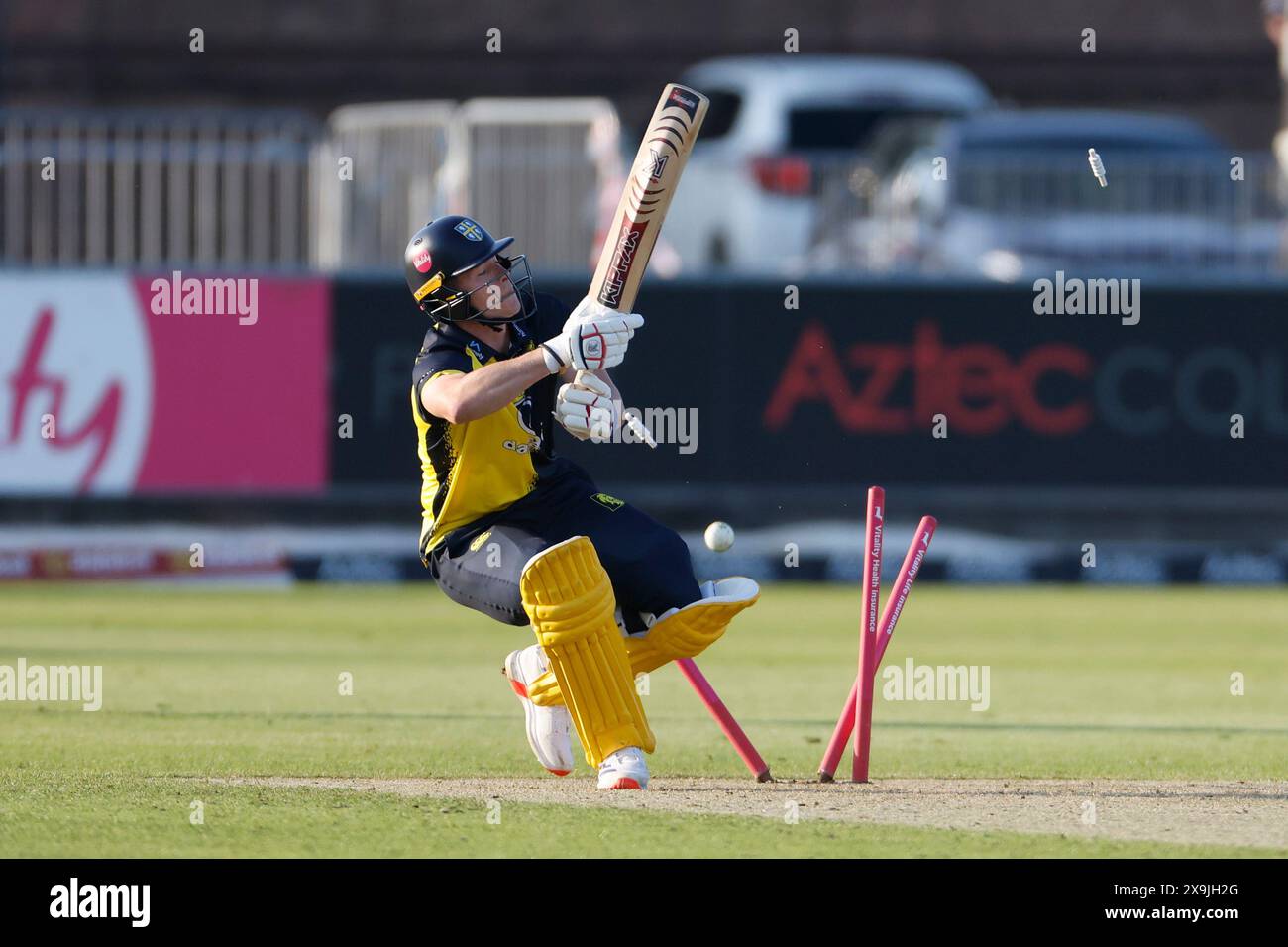 Durham's Matthew Potts is bowled by Birmingham Bears Hasan Ali during ...