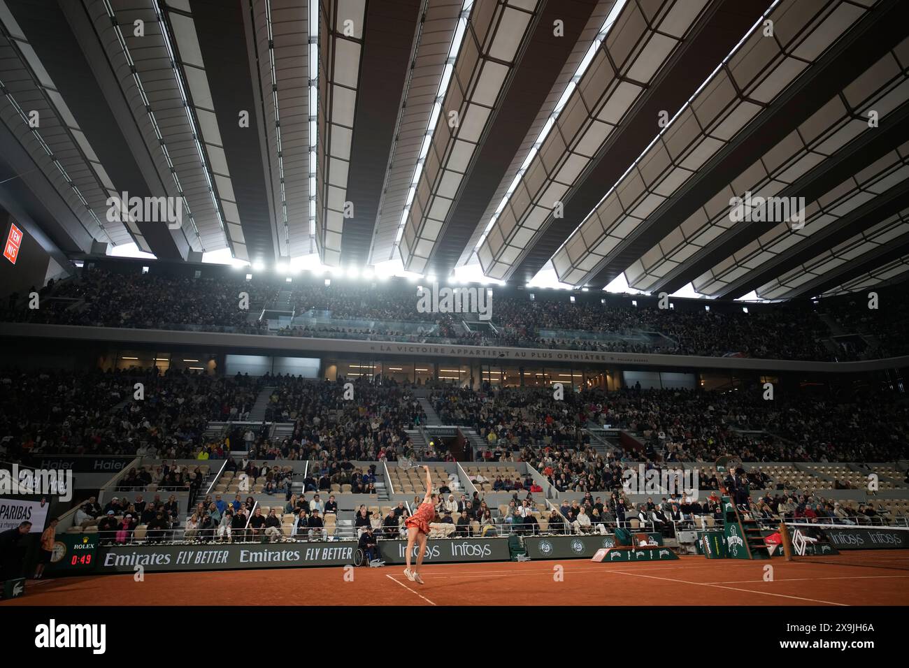 Aryna Sabalenka of Belarus serves on center court Philippe Chatrier ...