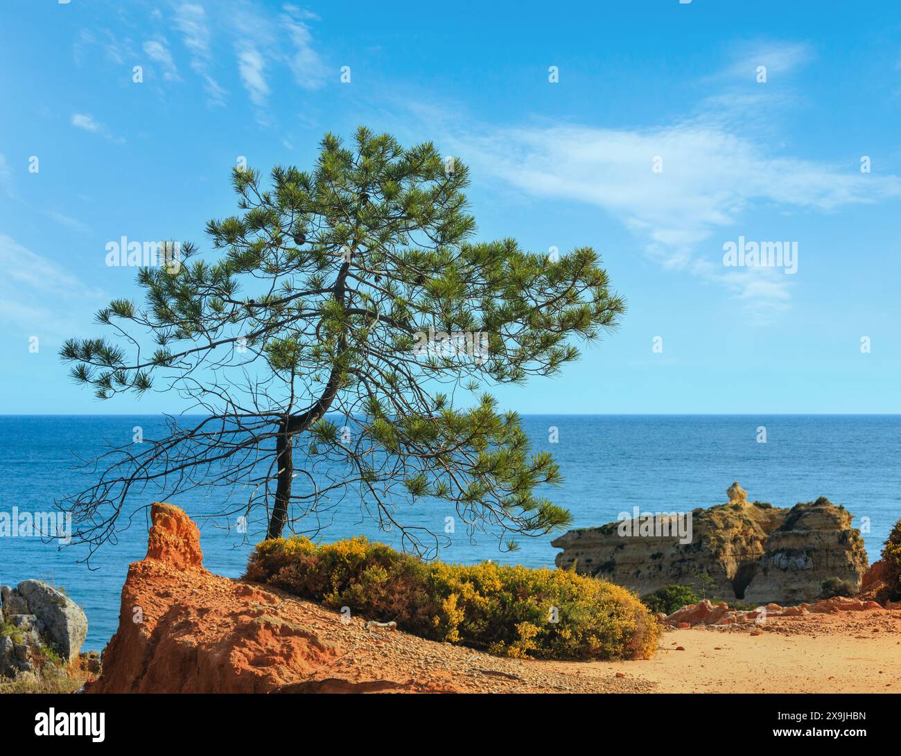 Summer Atlantic coast view with red clayey and yellow limestony cliffs ...