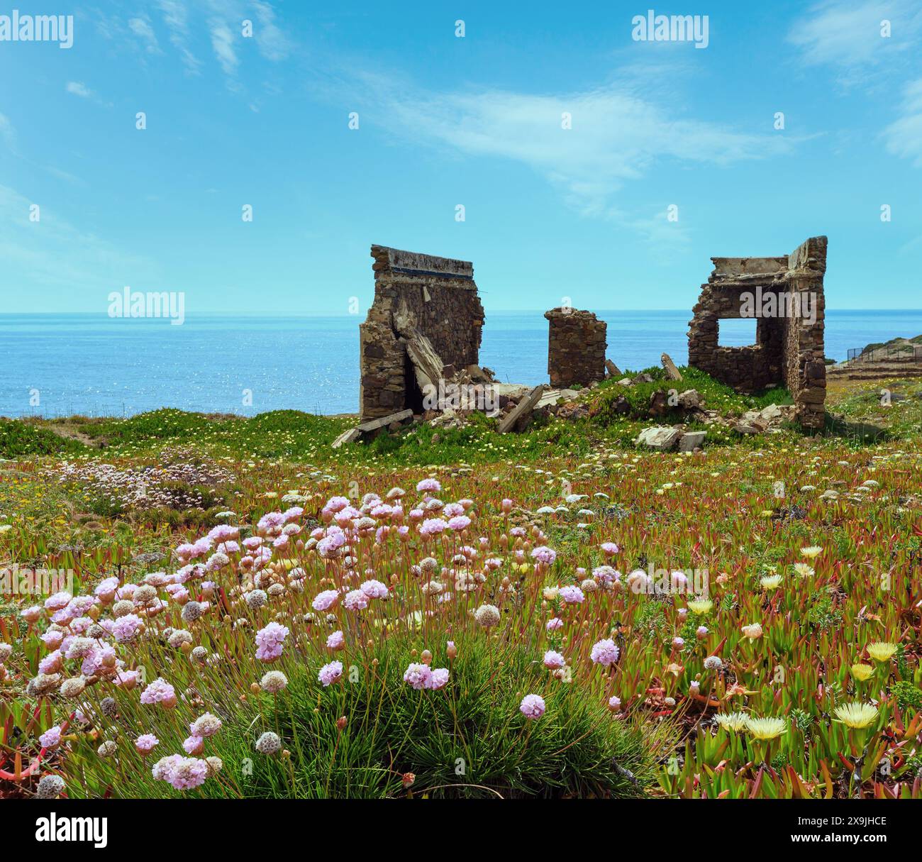 Summer blossoming Atlantic ocean coast scenery and 12th century ...