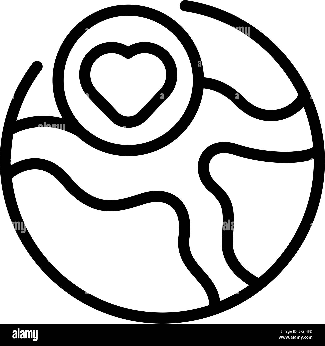 A simple line art illustration featuring earth with a heart symbol ...