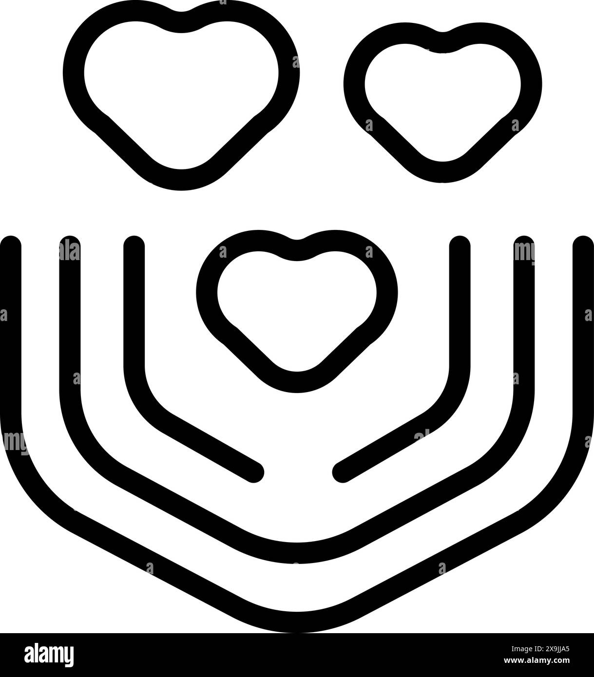 Simple black and white icon with three heart shapes above curved lines ...
