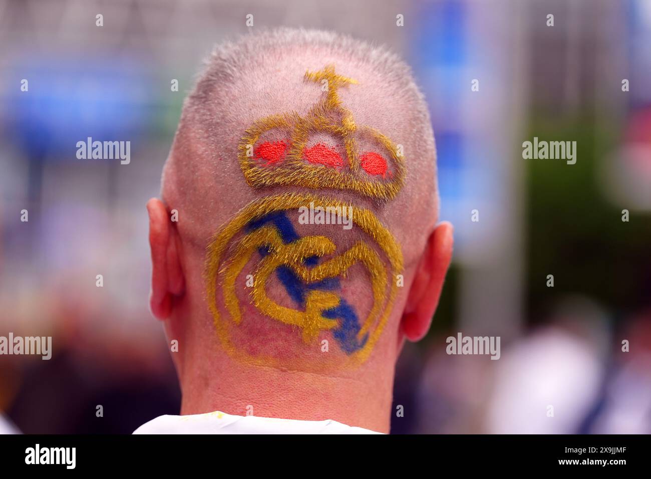 A Real Madrid fan with the club crest cut and dyed into their hair ...