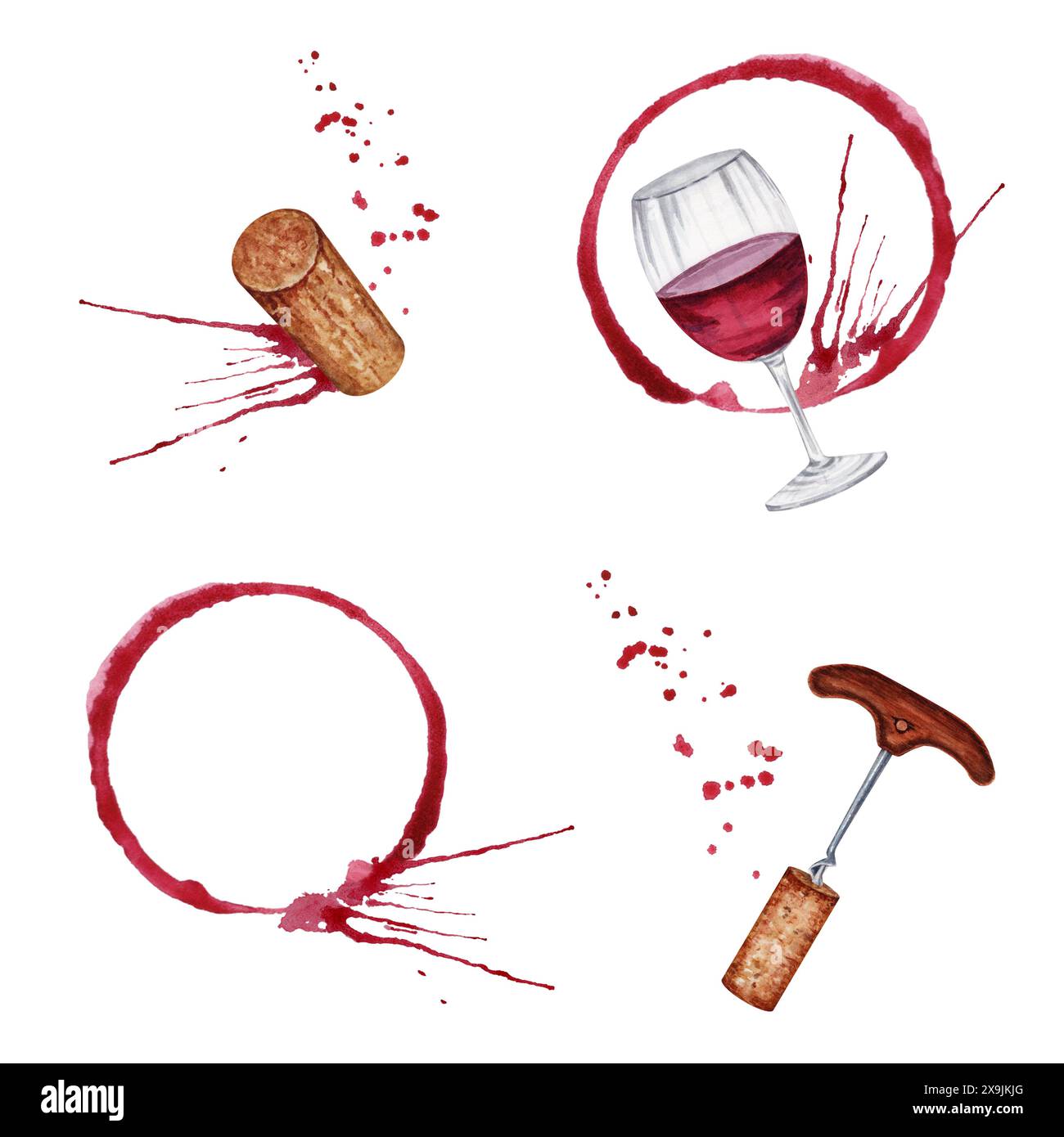 Red wine stain with splashes. Wine corkscrew with bottle stoppers. Wine ...