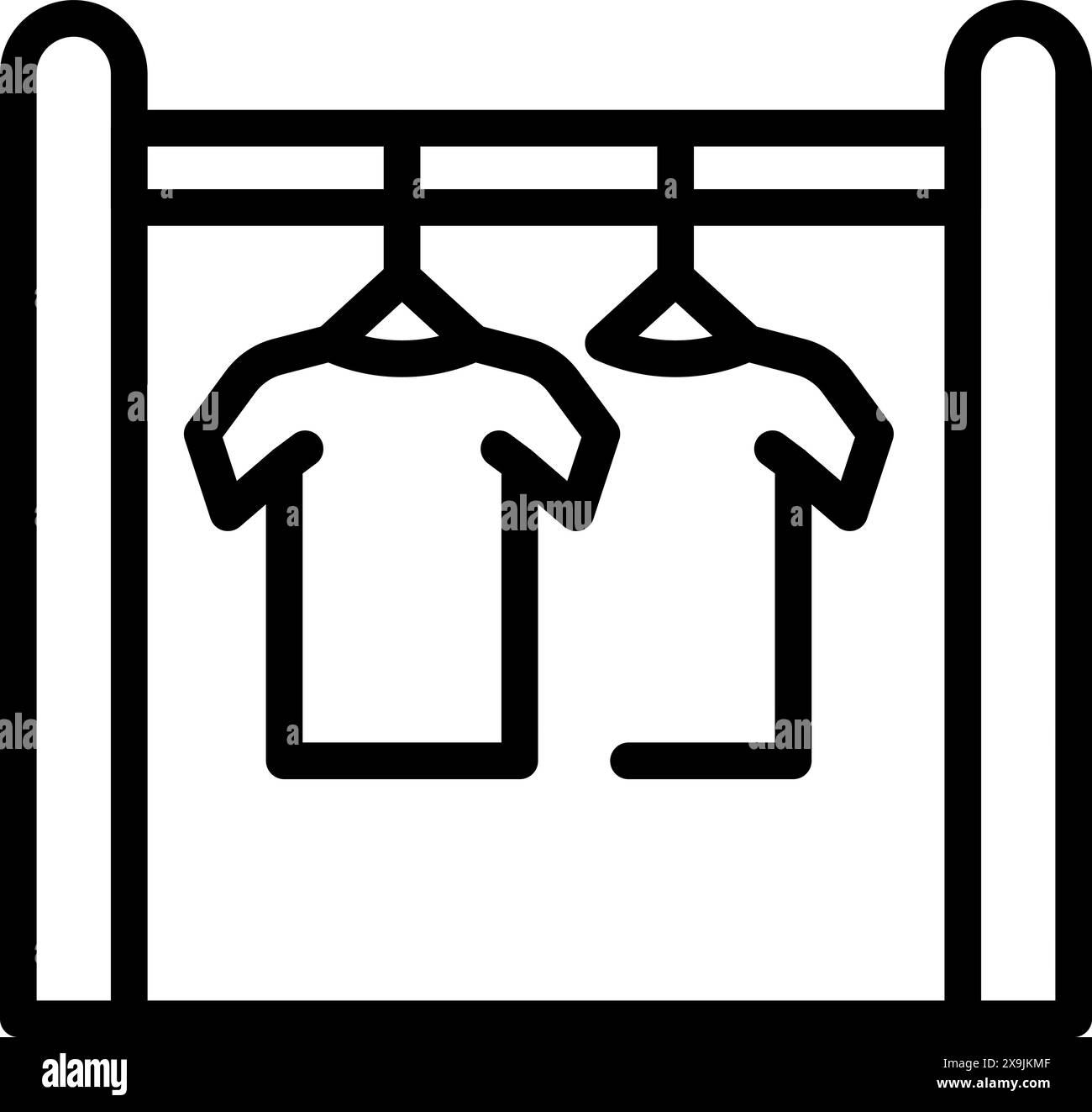 Minimalist black and white outline vector symbol of tshirts hanging on ...