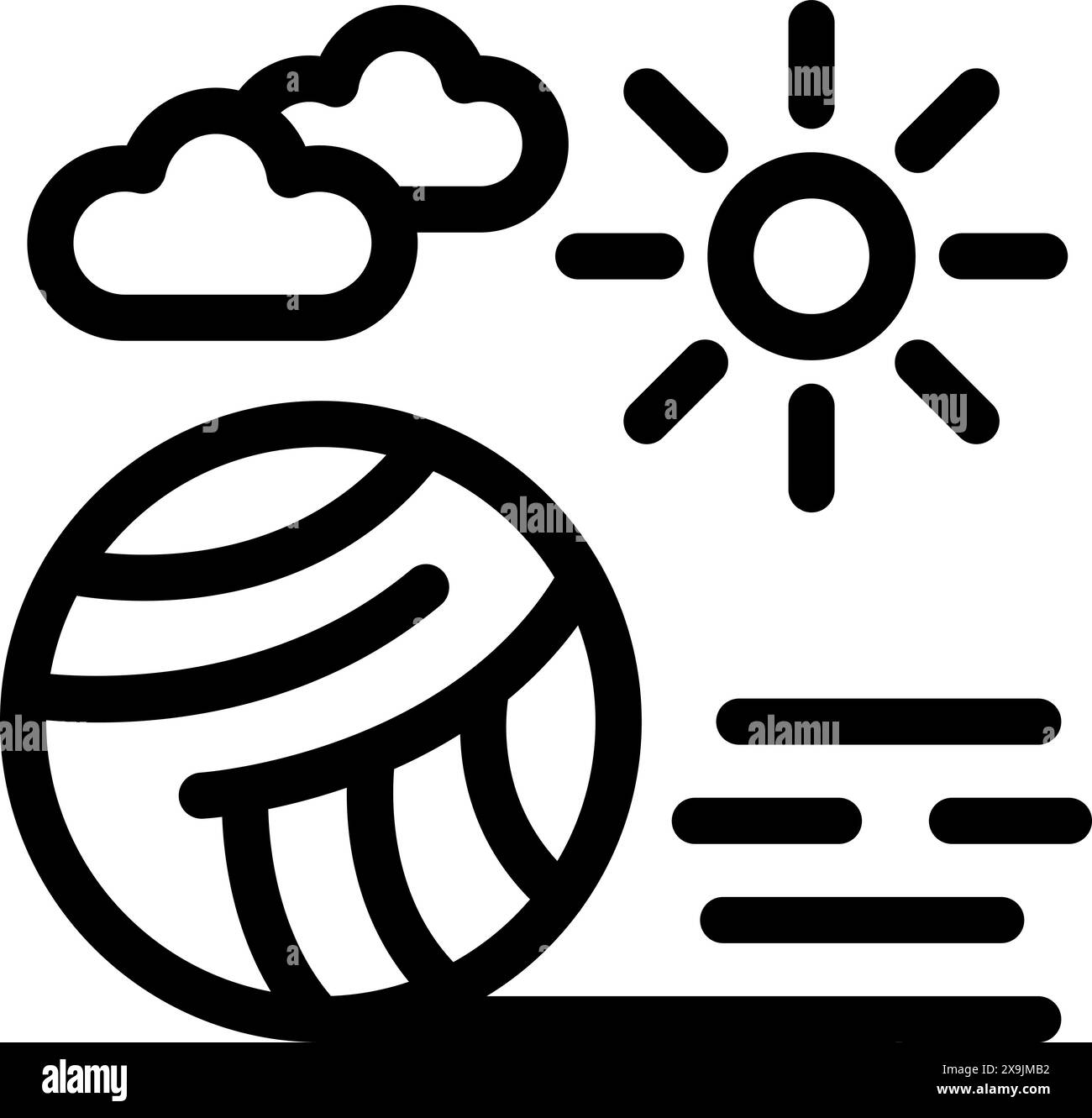 Black and white icon of a sun, clouds, and stylized waves, representing ...
