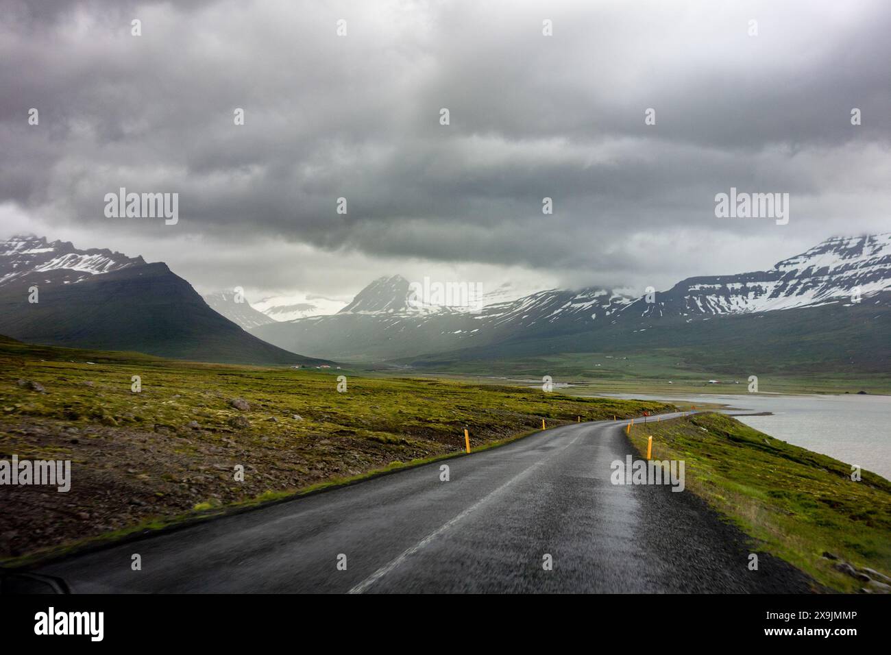Dangerous winding downhill road in Iceland with a slight motion blur ...