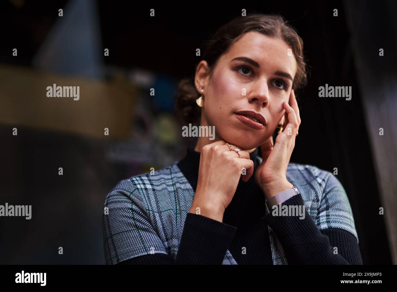 Thinking, depression and sad girl in city for mistake, worry or ...