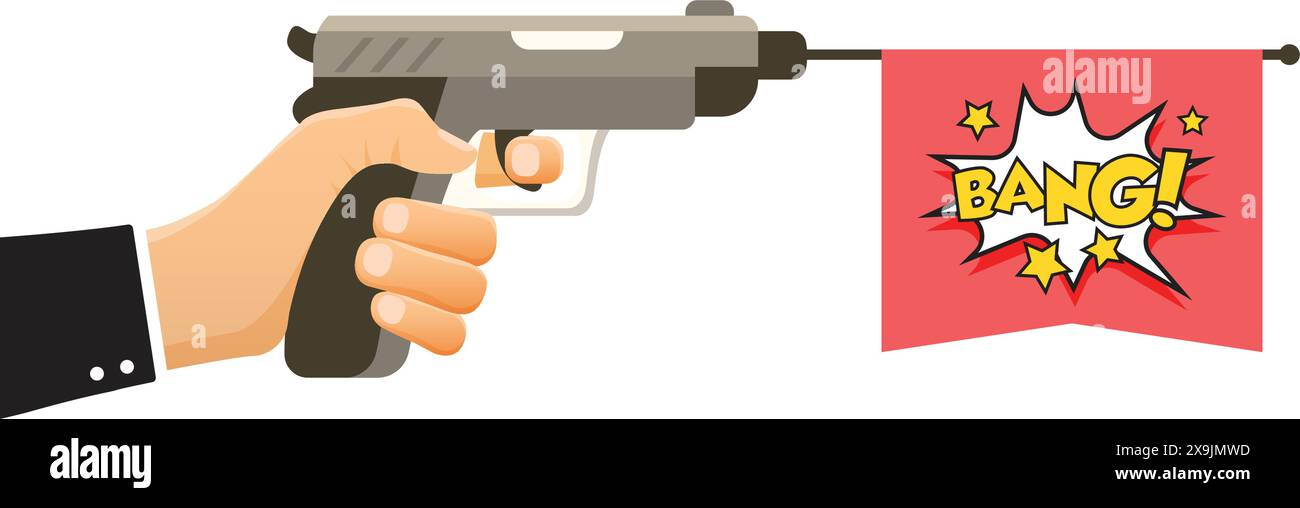 Hand holding pistol gun with bang text icon in flat style. Firearm ...