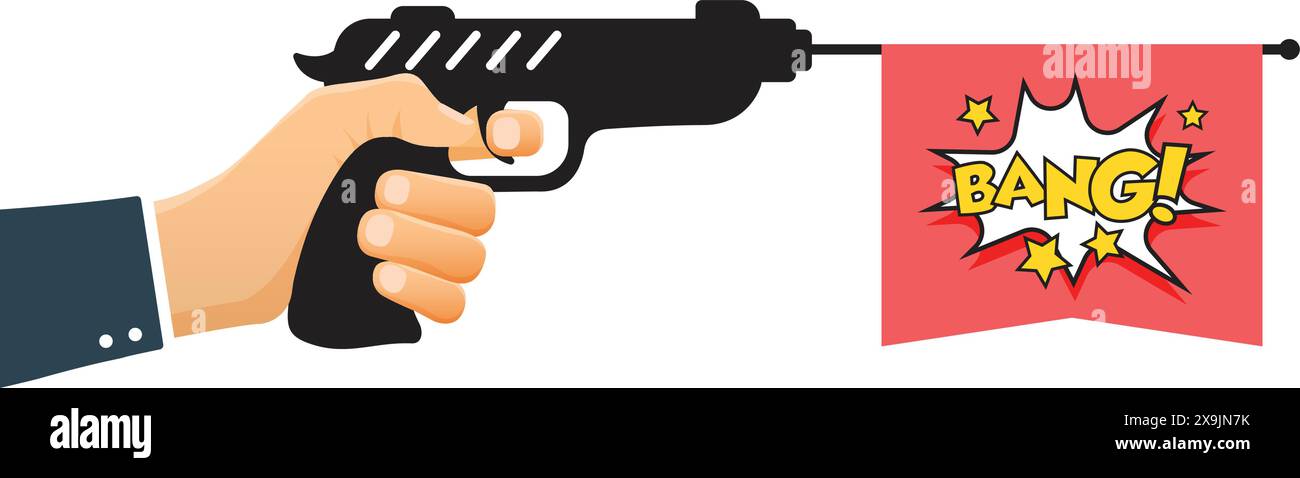 Hand holding pistol gun with bang text icon in flat style. Firearm ...