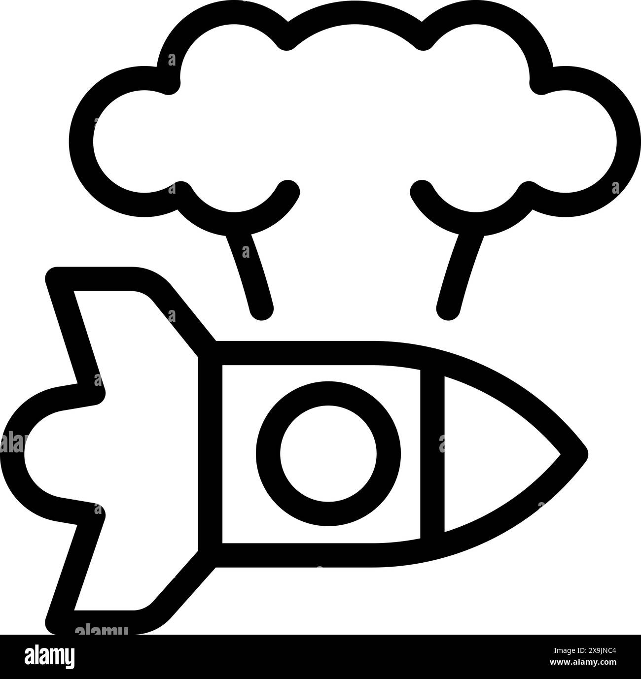 Black line art illustration of a rocket launching with stylized clouds ...